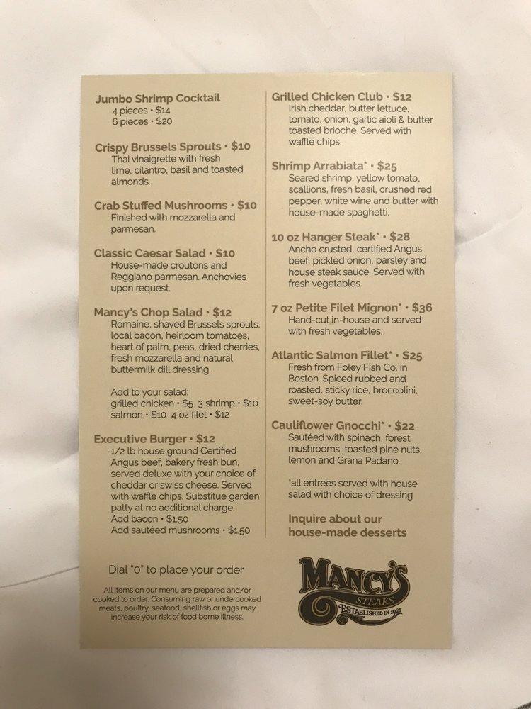Menu at Mancy's Steakhouse, Findlay