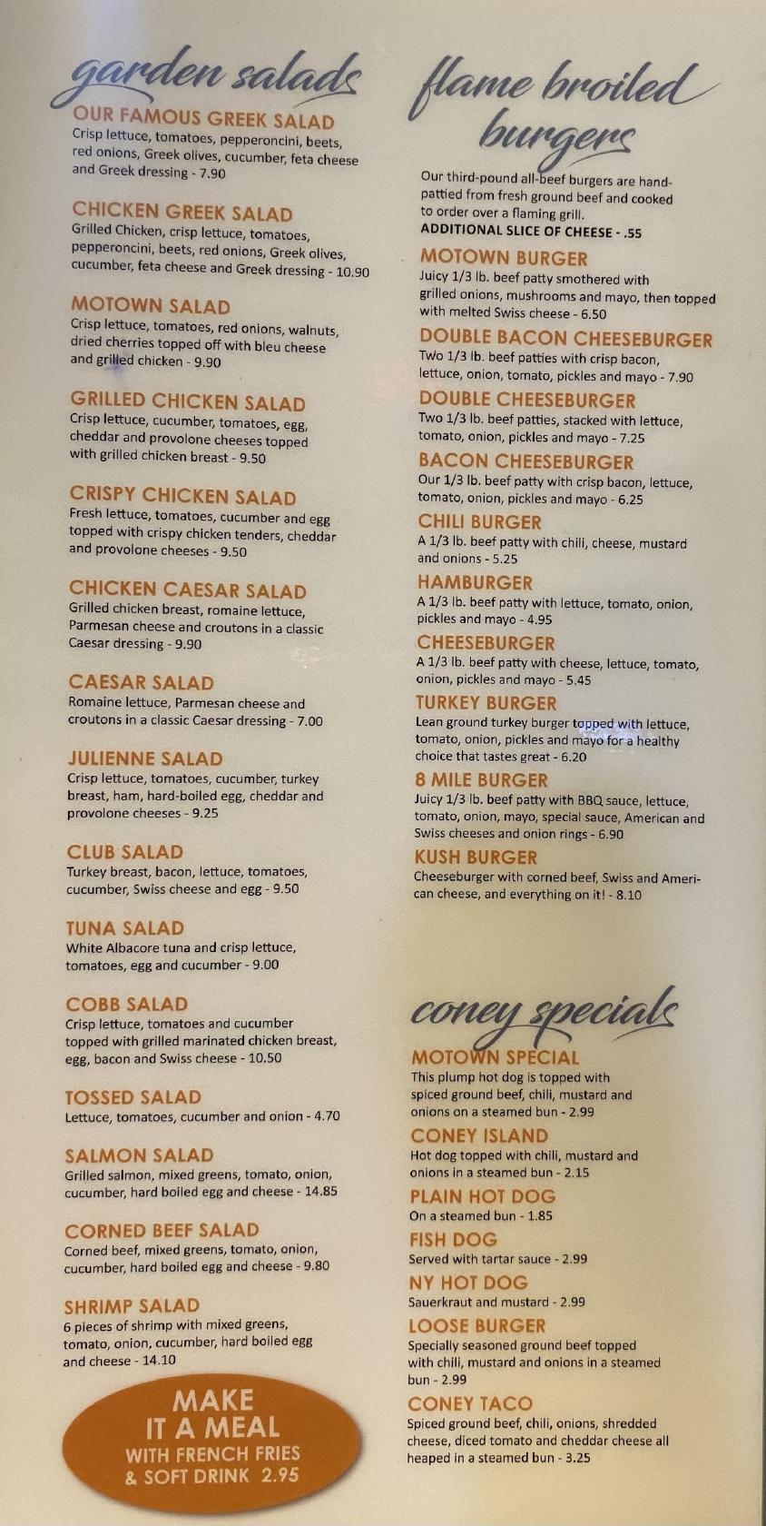 Menu at Motown Coney Island restaurant, Detroit, 8 Mile Rd
