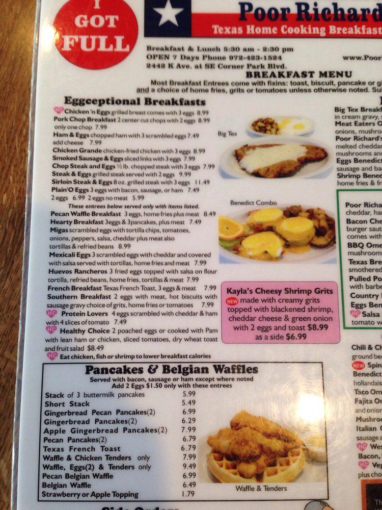 Menu at Poor Richard's Cafe, Plano