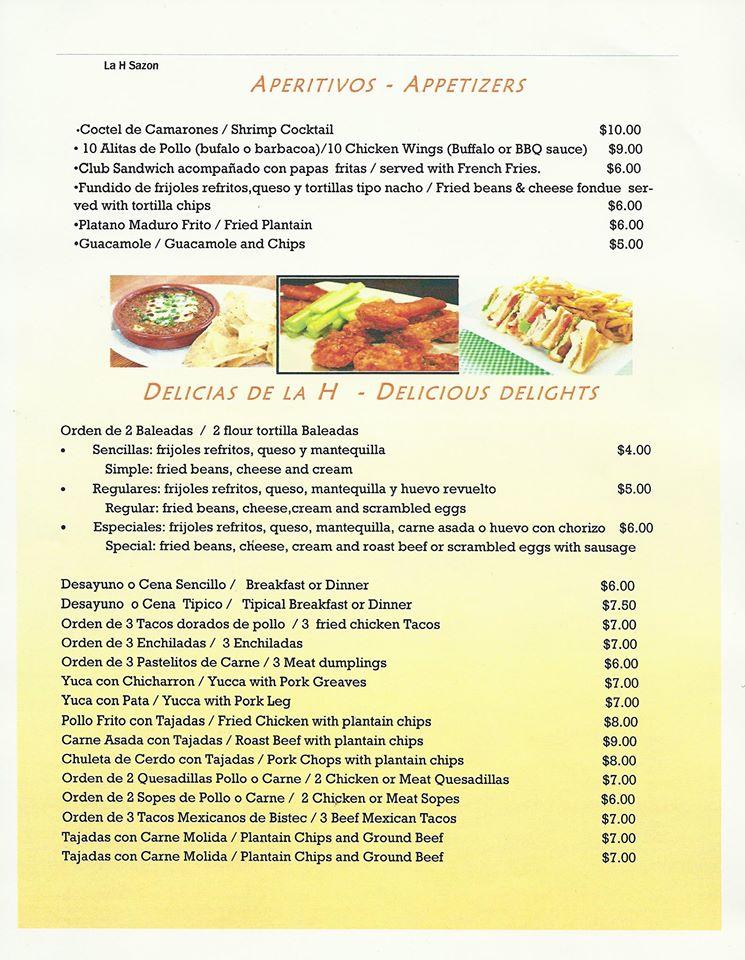 Menu at Sazon Centroamericano restaurant, Yonkers