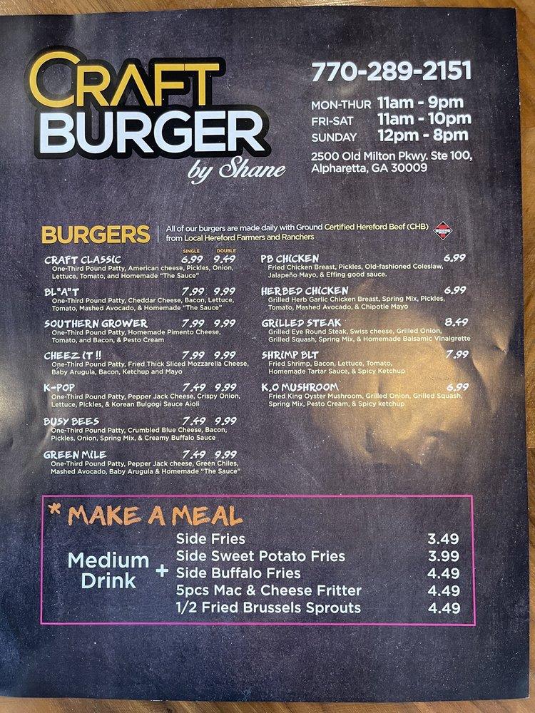 Menu at Craft Burger By Shane Old Milton restaurant, Alpharetta