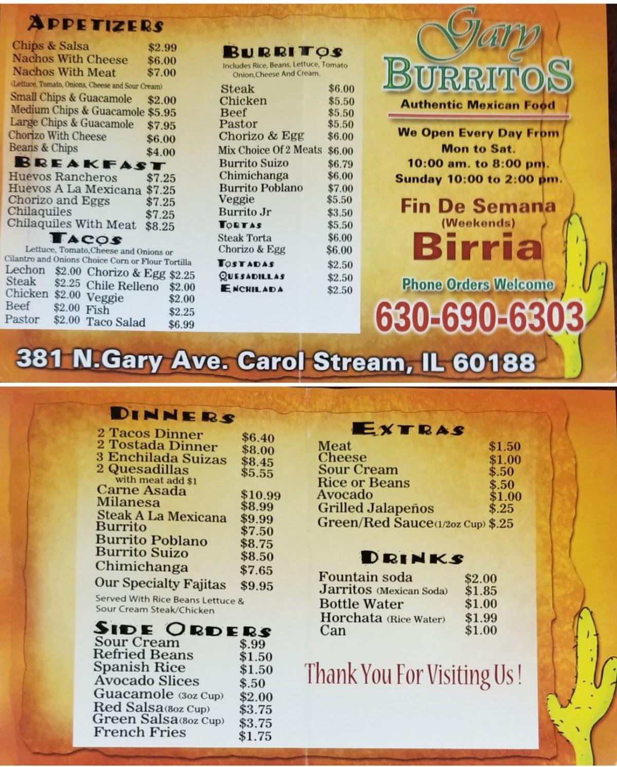 Menu at Gary Burritos restaurant, Carol Stream