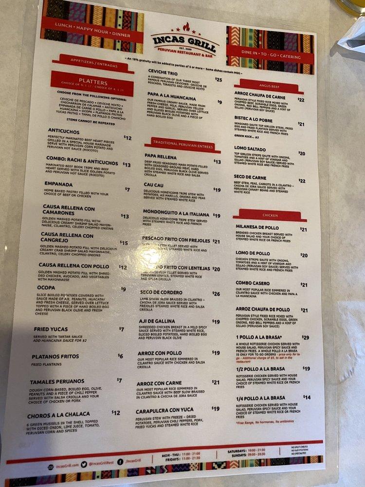 Menu at Incas Grill Peruvian Restaurant & Bar, Concord