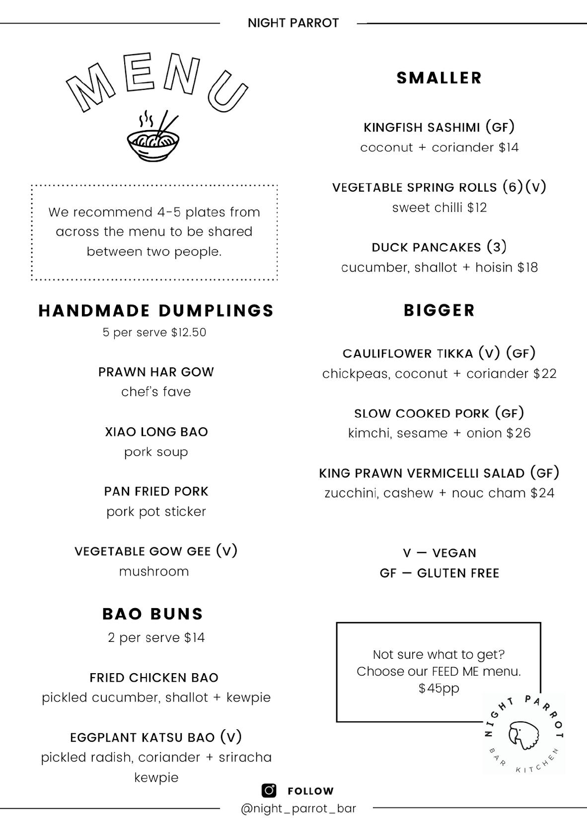 Menu at Night Parrot Wine Bar, Wollongong