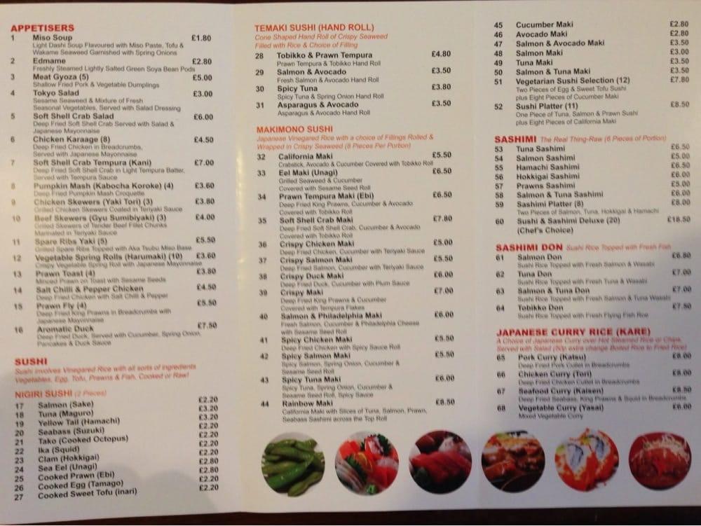 Menu at Tokyo Oysy Sushi restaurant, Beck Row