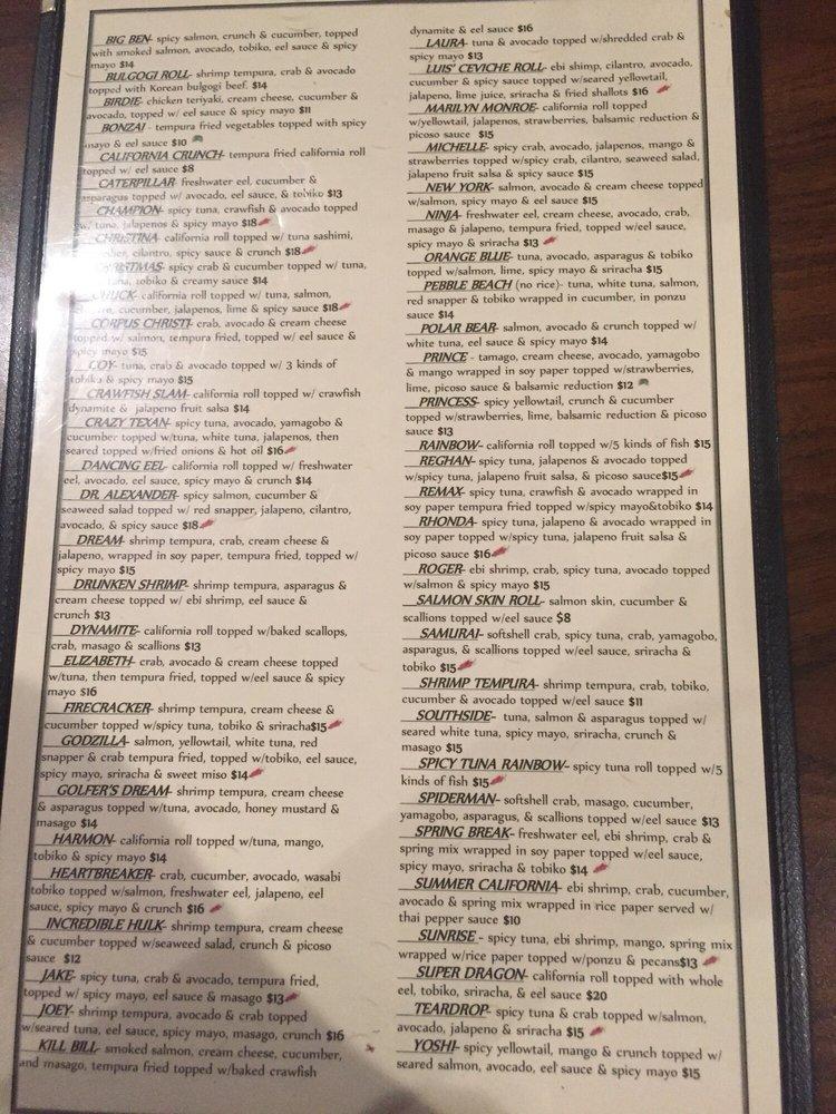 Menu at Yoshi Japanese Cuisine restaurant, Corpus Christi