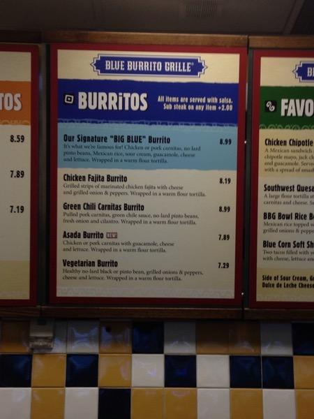Menu at Blue Burrito Grille restaurant, Las Vegas, Wayne Newton Blvd