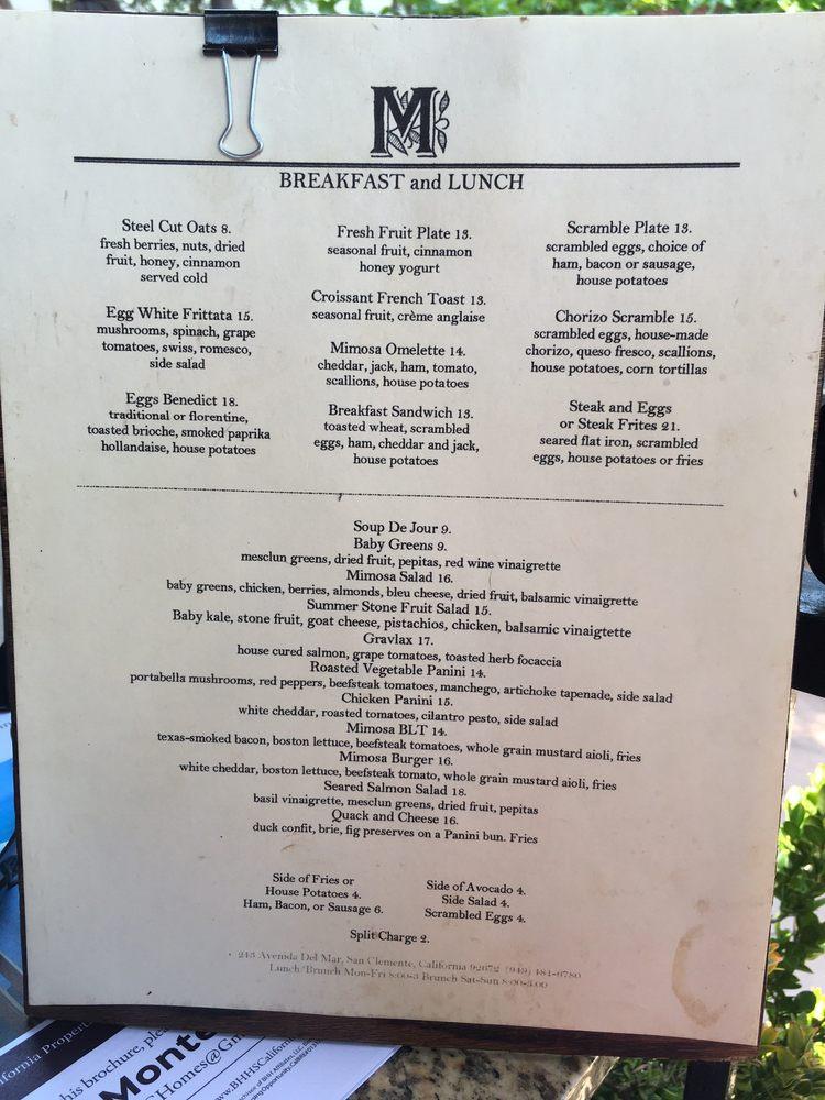 Menu at Cafe Mimosa, San Clemente