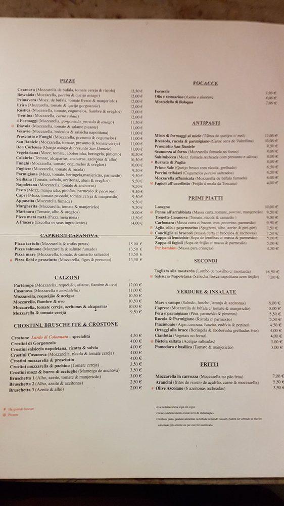 Menu at Casanova pizzeria, Lisbon