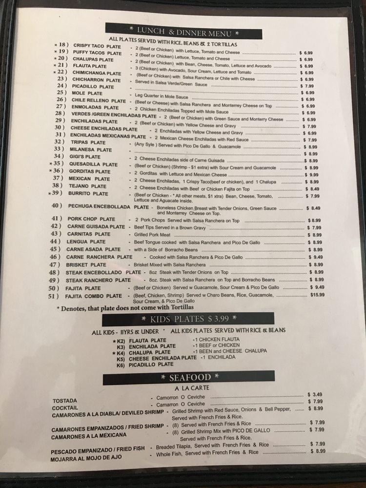 Menu at El Tejano restaurant, New Braunfels