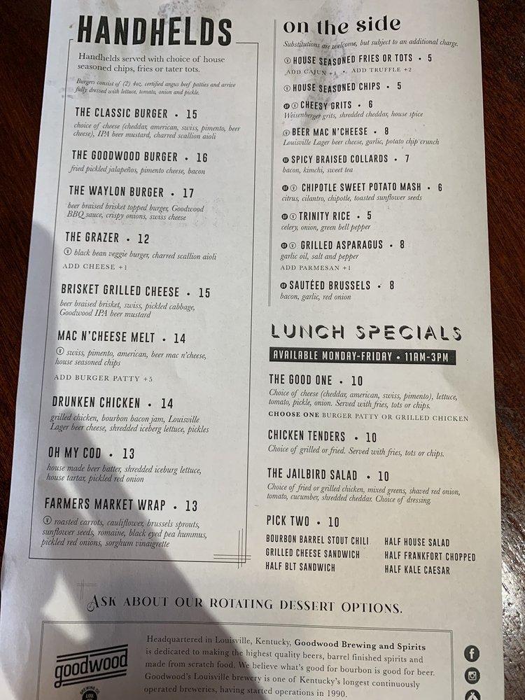 Menu at Goodwood Indy restaurant, Indianapolis