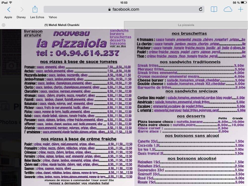 Menu at La Pizzaiola pizzeria, La Valette-du-Var, 2 Rue des Remparts