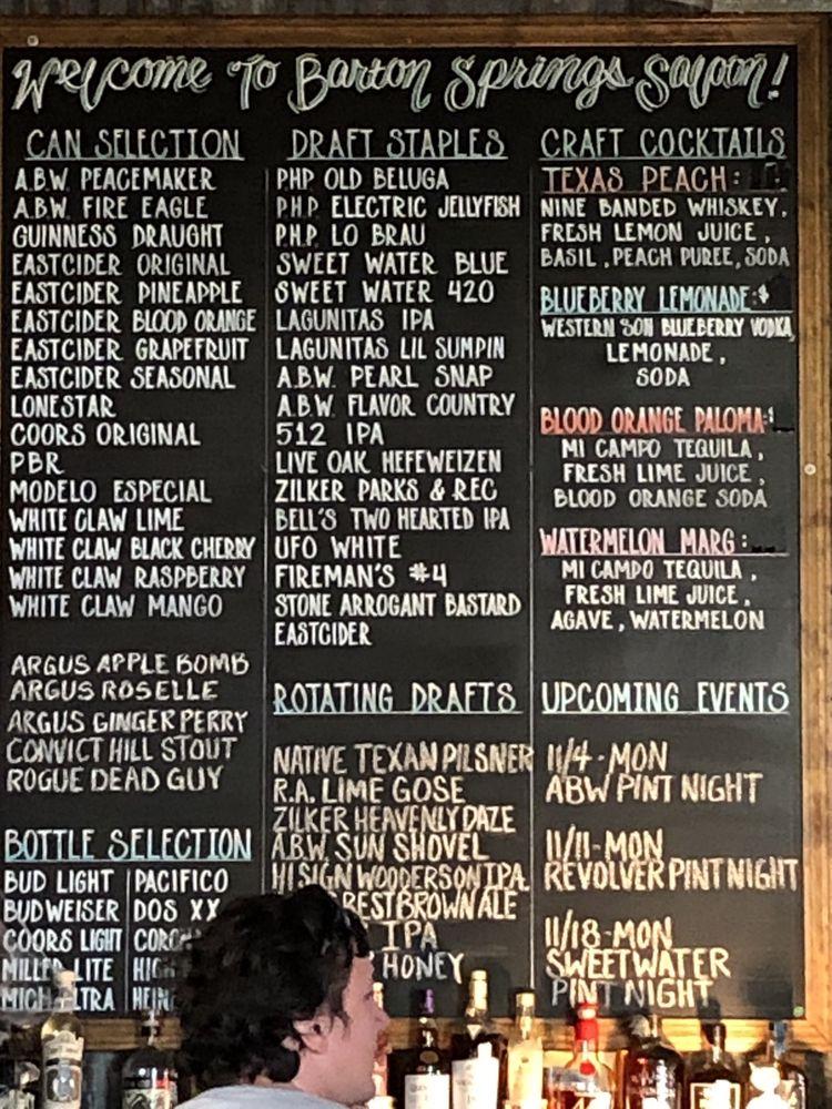 Menu at Barton Springs Saloon, Austin