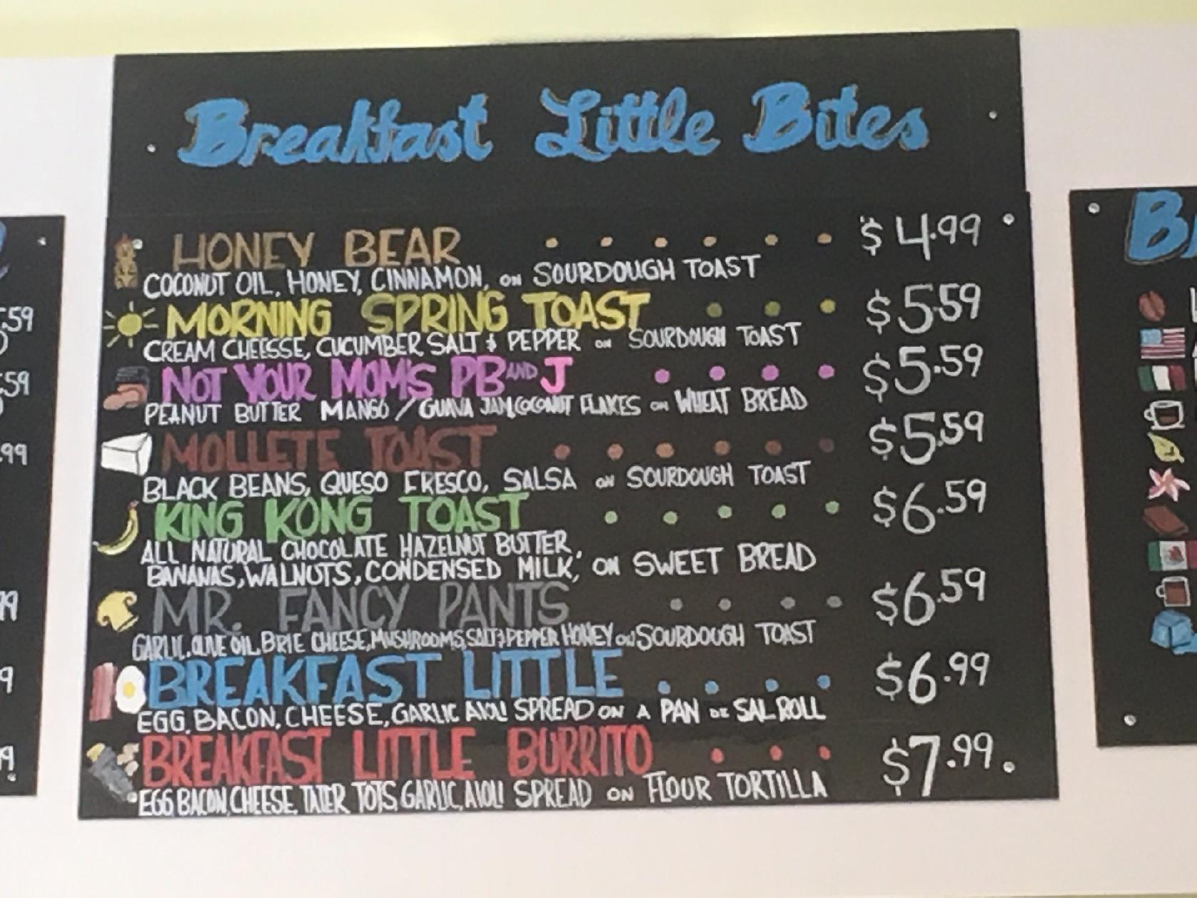 Menu at Breakfast Little cafe, San Francisco