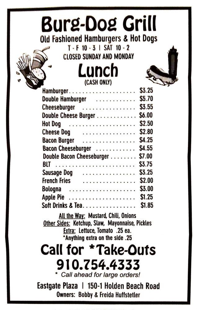 Menu at Burg-Dog Grill restaurant, Shallotte