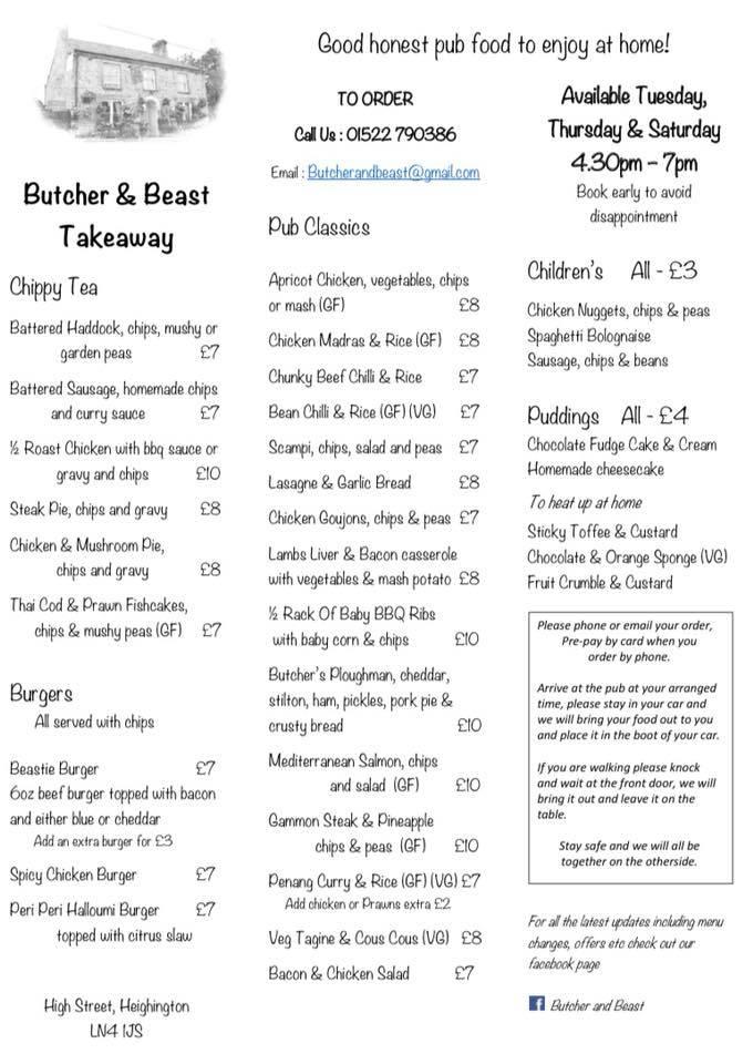 Menu at Butcher & Beast pub & bar, Lincoln
