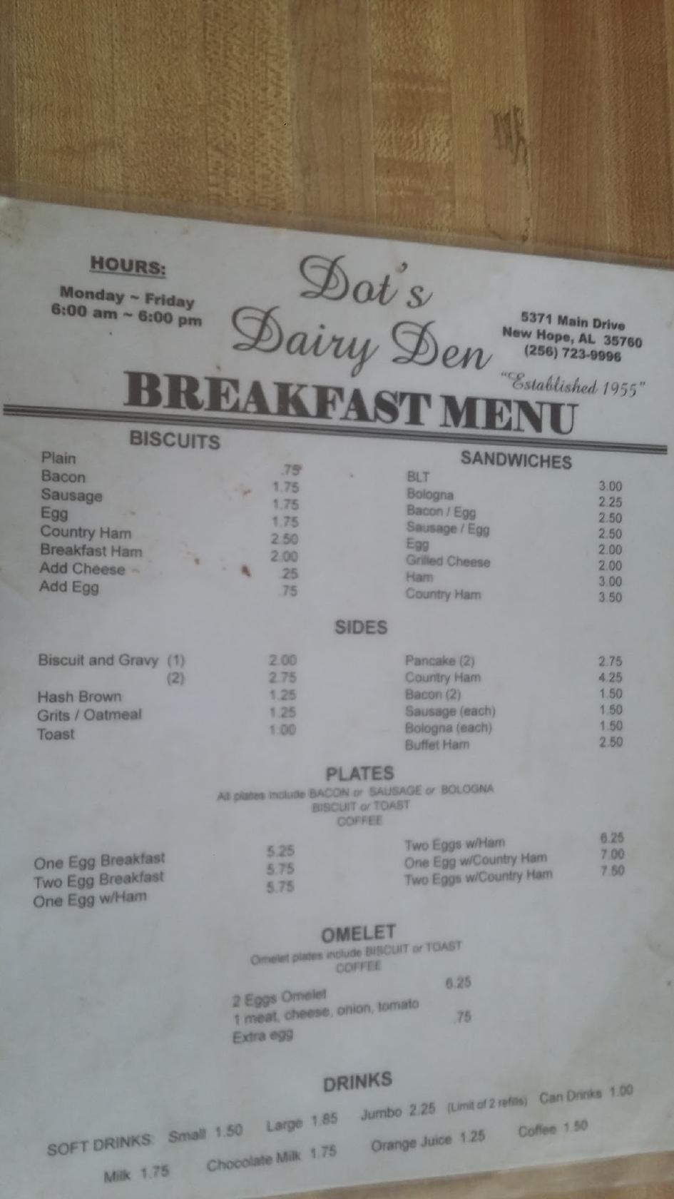 Menu at Dot's Dairy Den restaurant, New Hope