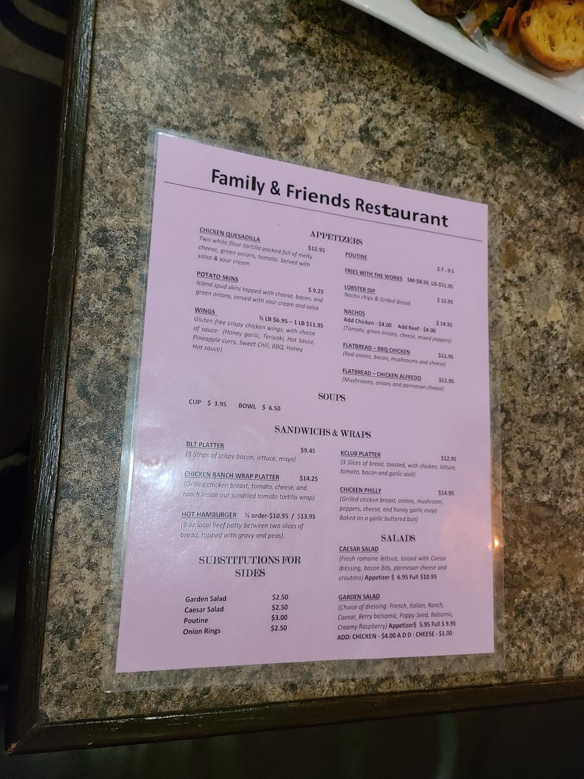 Menu at Family And Friends Restaurant, Kensington, 45 Broadway St N