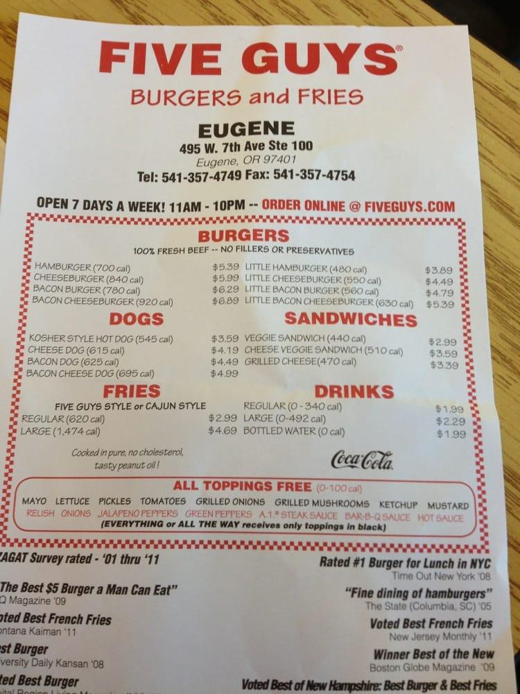 Menu at Five Guys fast food, Eugene, 495 W 7th Ave #100