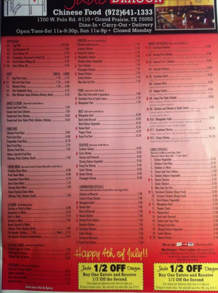 Menu at Jade Dragon Chinese Restaurant, Grand Prairie