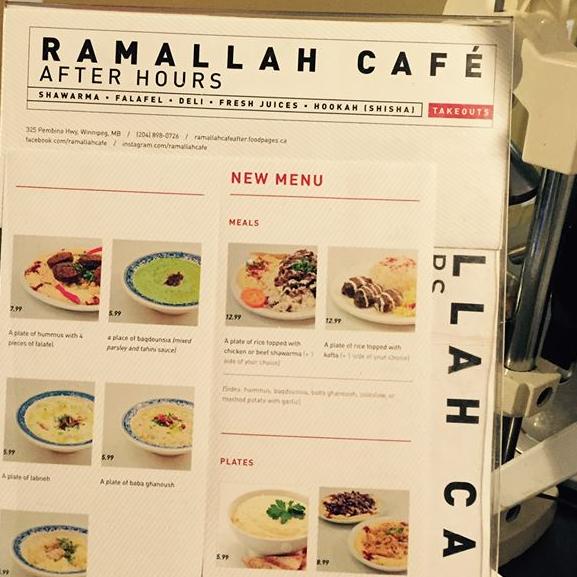 Menu at Ramallah Cafe, Winnipeg