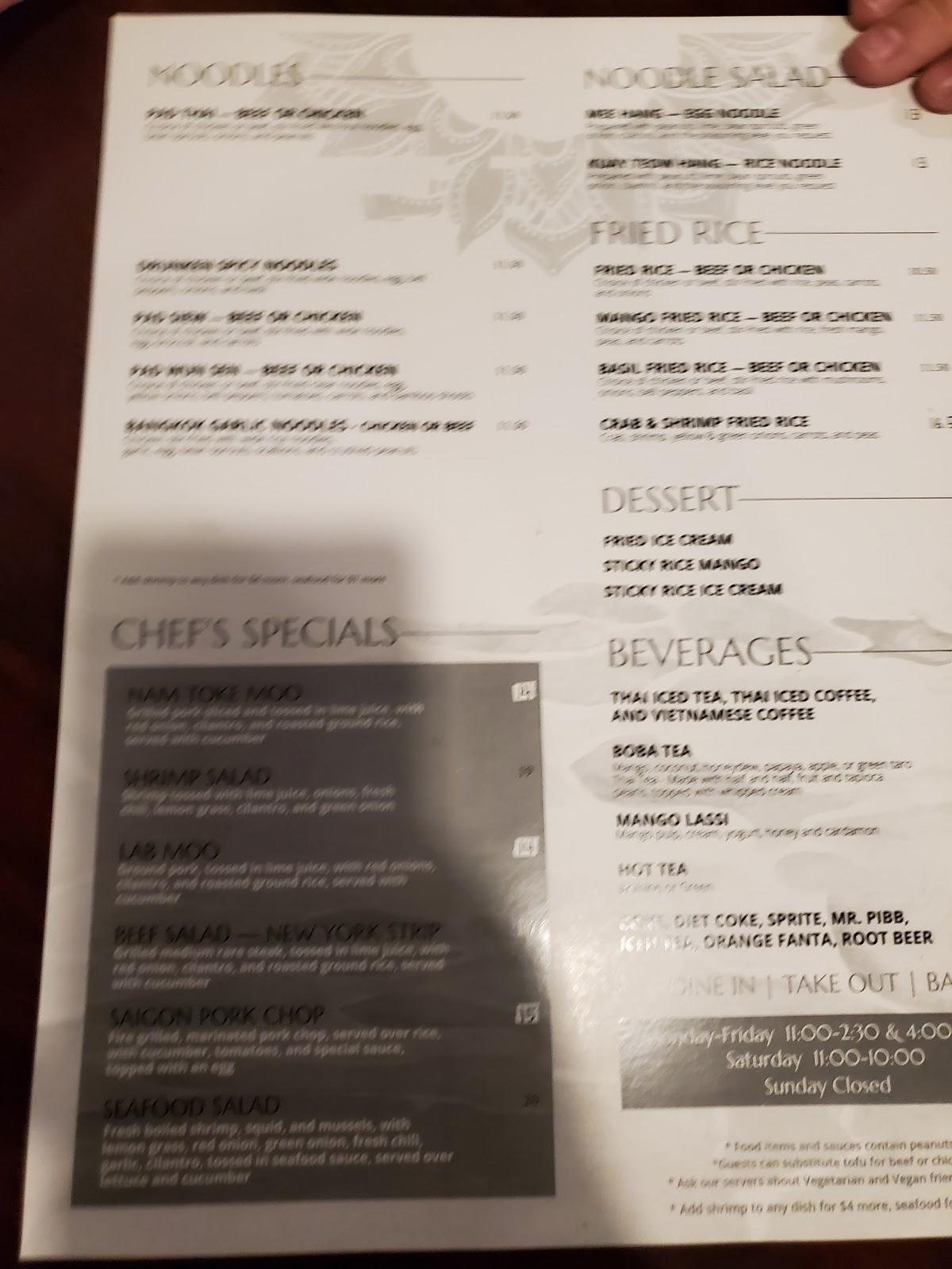 Menu at Sea Thai Omaha restaurant, Omaha