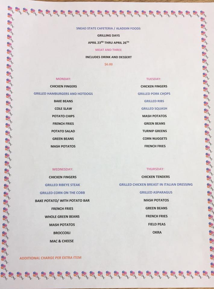 Menu at Snead State Cafeteria, Boaz, 206 College Ave