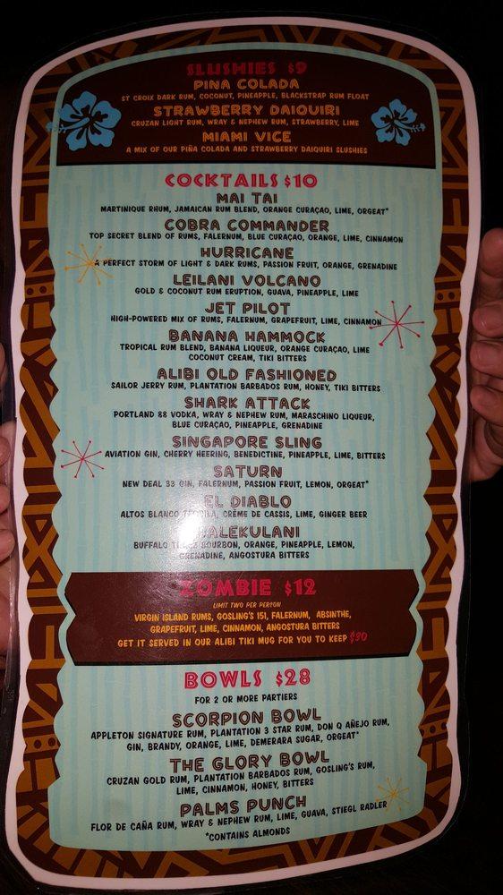 Menu at The Alibi Tiki Lounge pub & bar, Portland