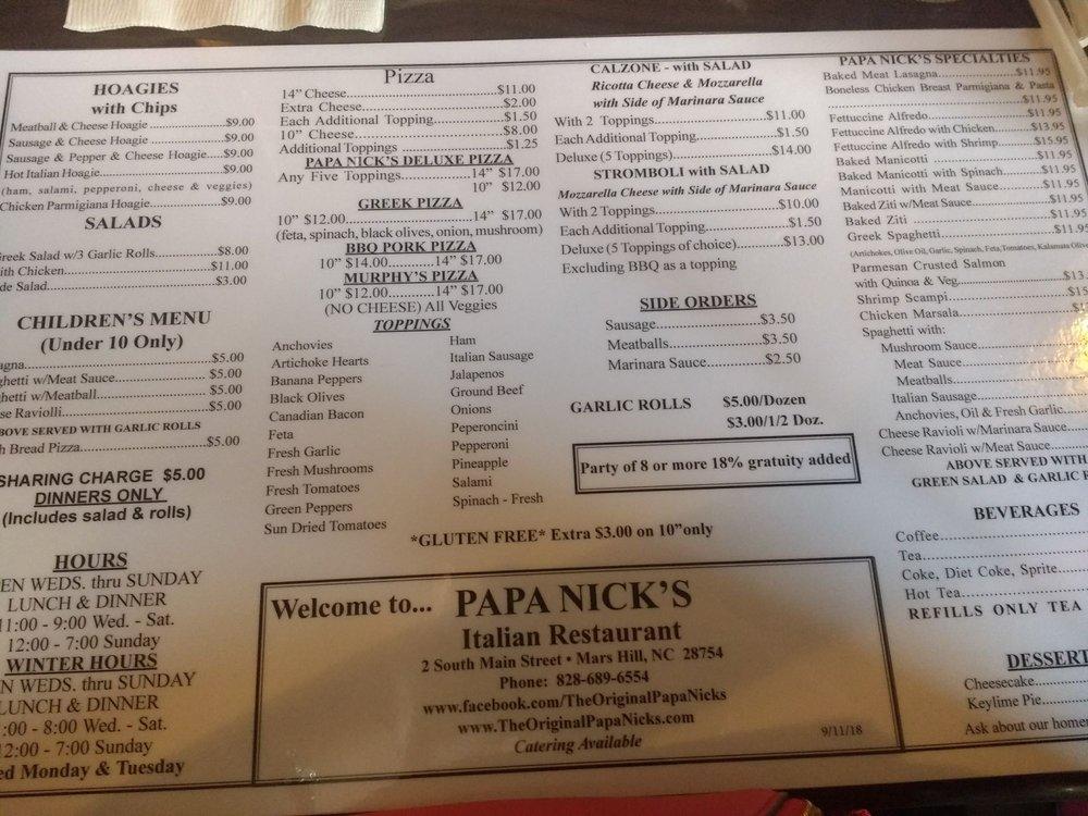 Menu at The Original Papa Nicks Take Out pizzeria, Mars Hill