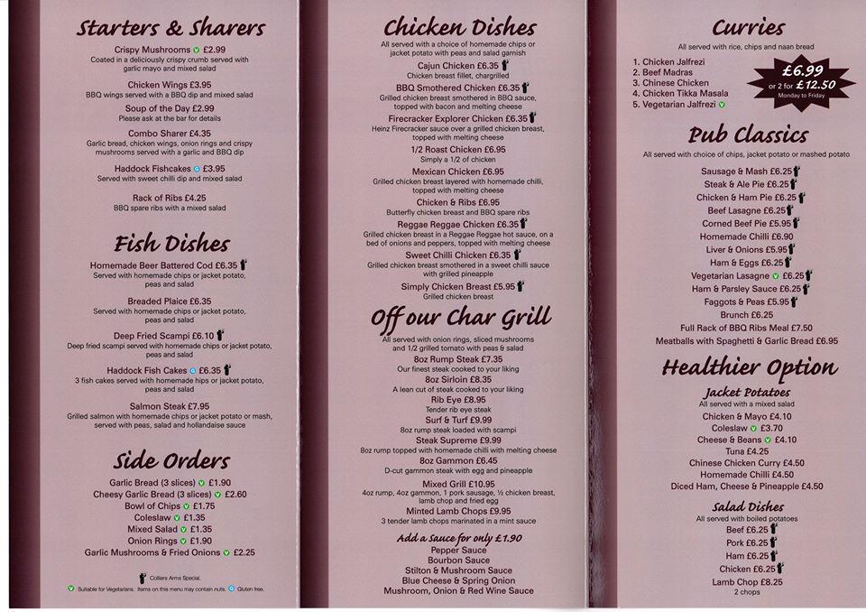 Menu at Colliers Arms pub & bar, Swansea