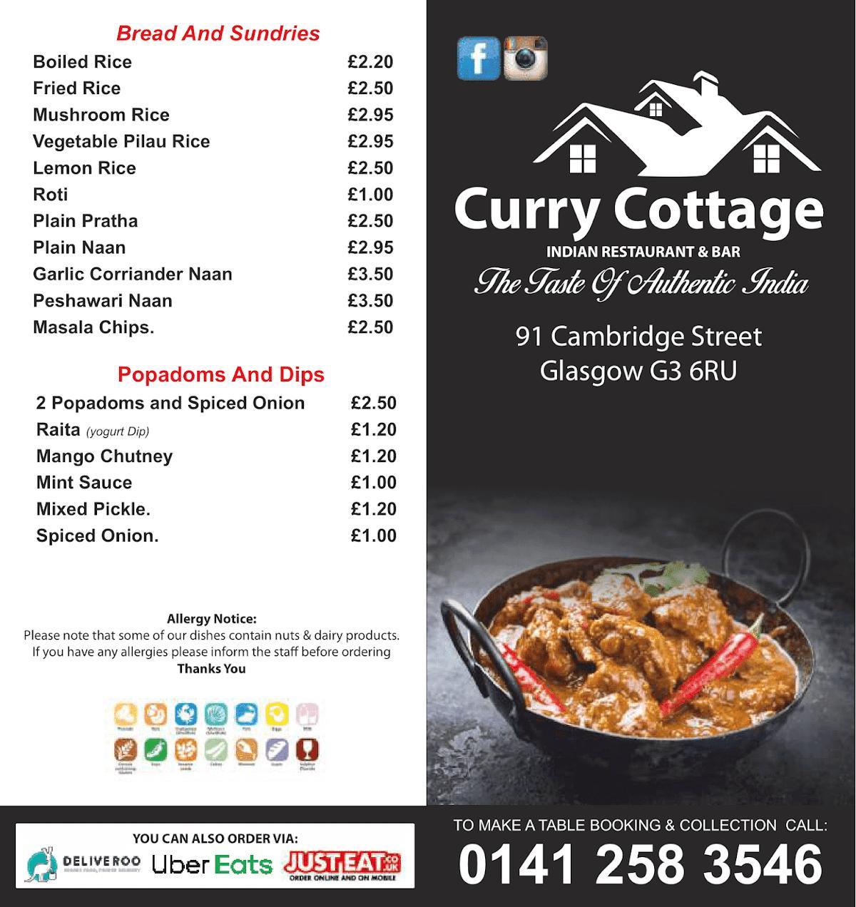 Menu at Curry Cottage restaurant, Glasgow