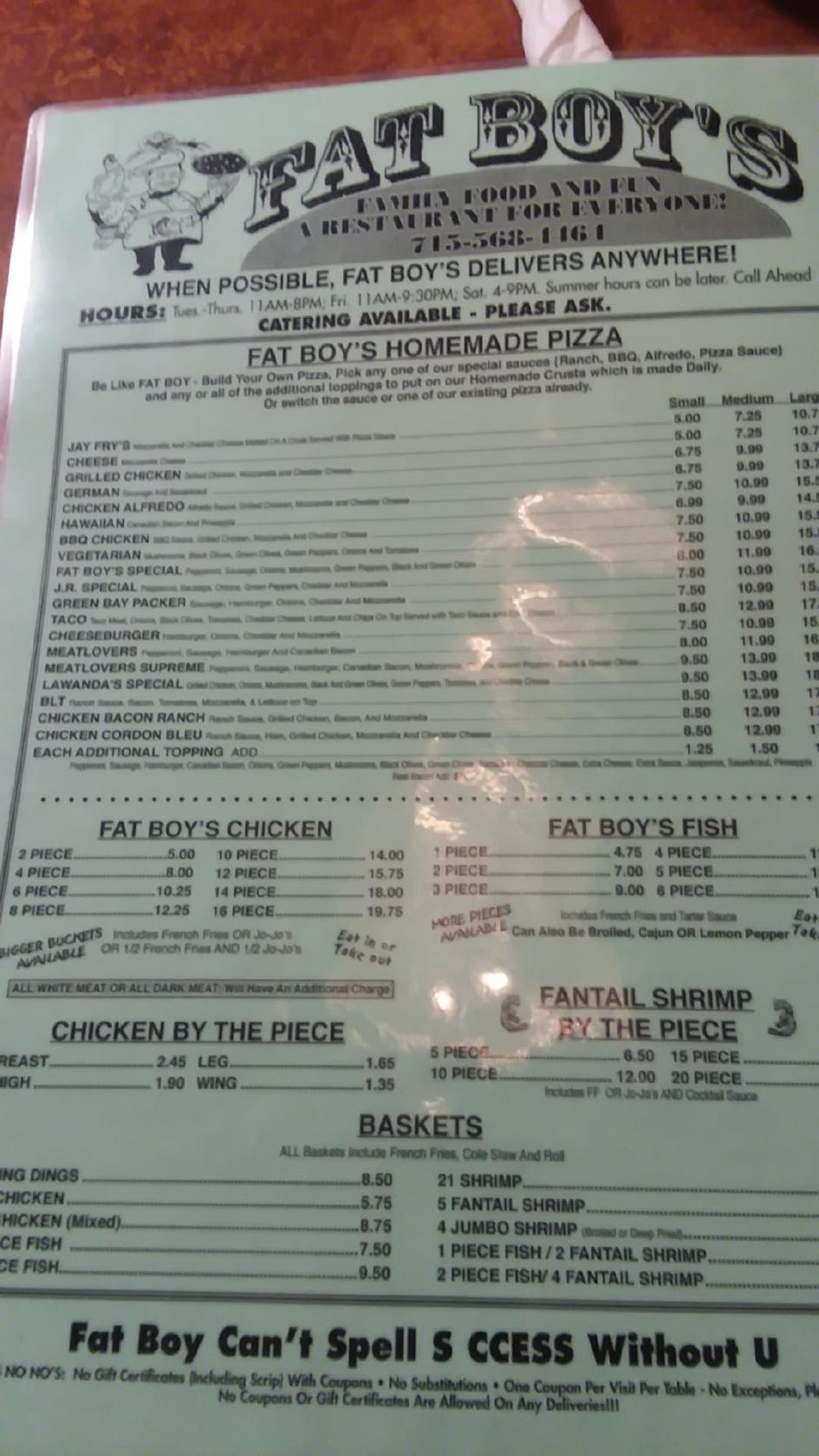 Menu at Fat Boy's Pizza pizzeria, Bloomer