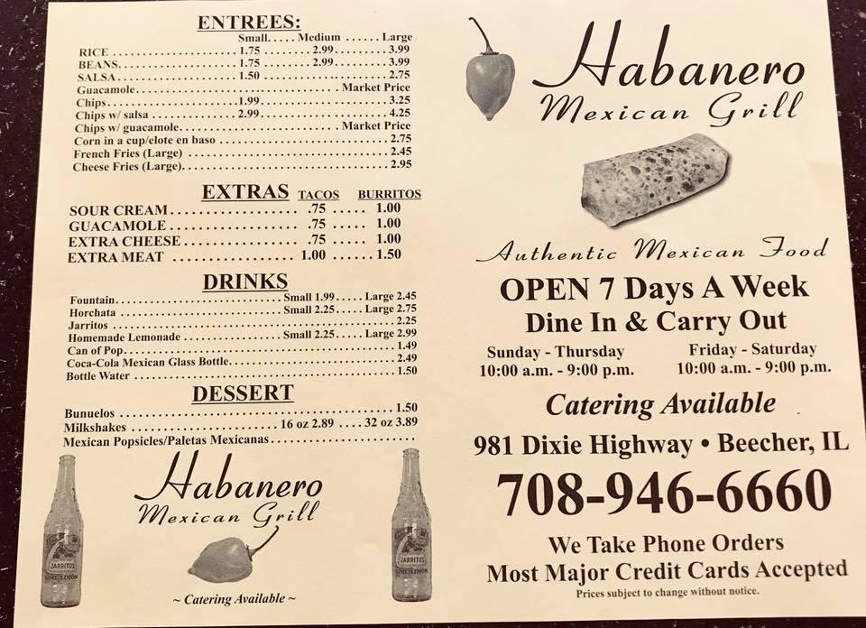 Menu at Habanero Mexican Grill restaurant, Beecher