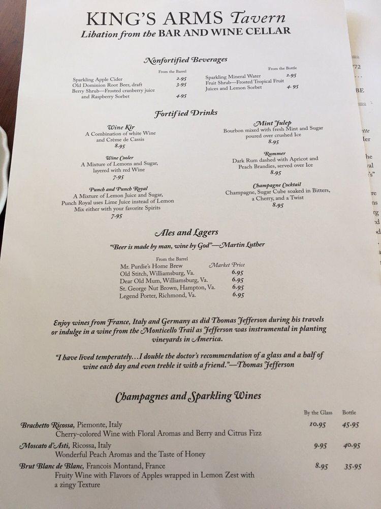 Menu at King's Arms Tavern pub & bar, Williamsburg