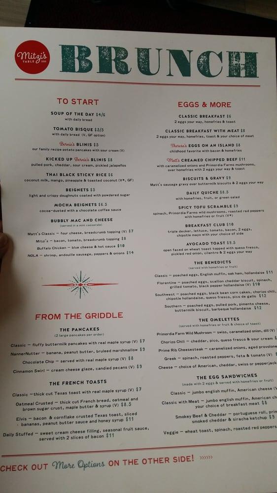Menu at Mitzi's Table restaurant, Bethlehem