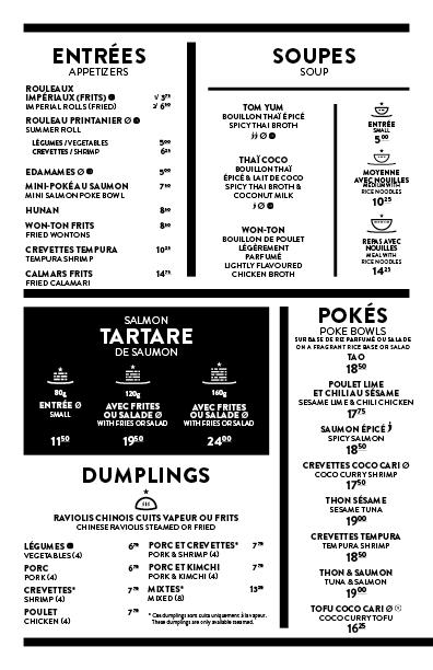 Menu au Sésame restaurant, Gatineau