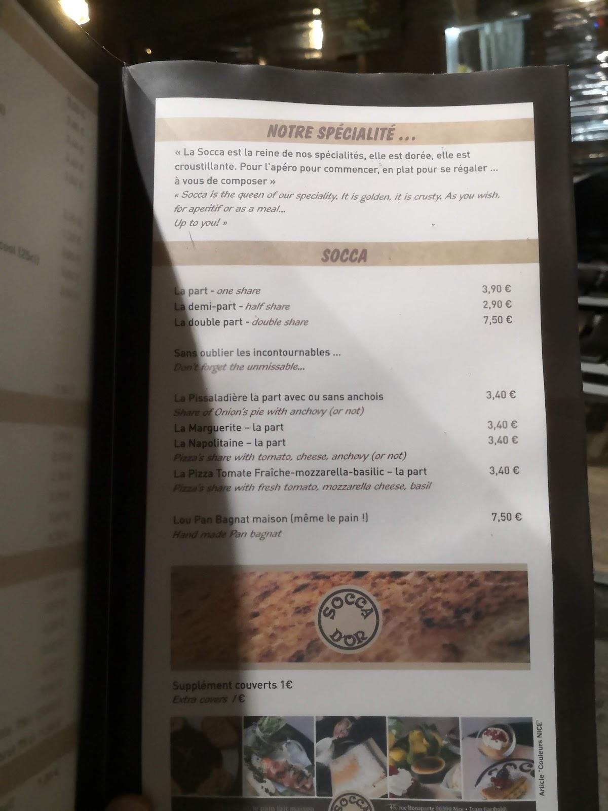 Menu at The Golden Socca restaurant, Nice
