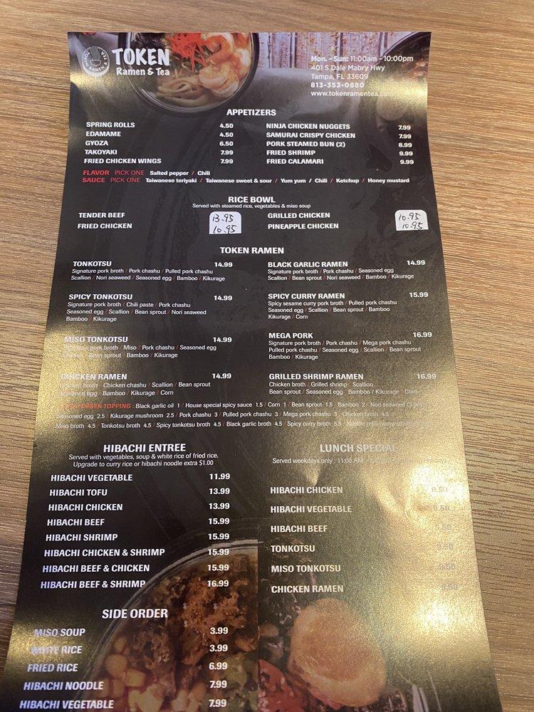 Menu at Token Ramen & Kung Fu Tea restaurant, Tampa, 401 S Dale Mabry Hwy