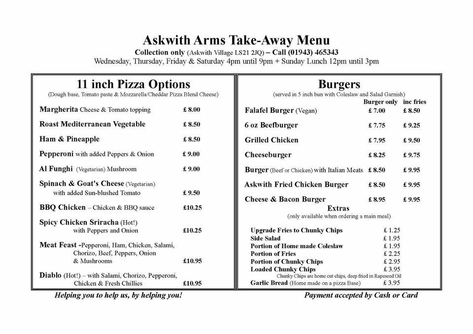 Menu at Askwith Arms pub & bar, Askwith, Askwith Village