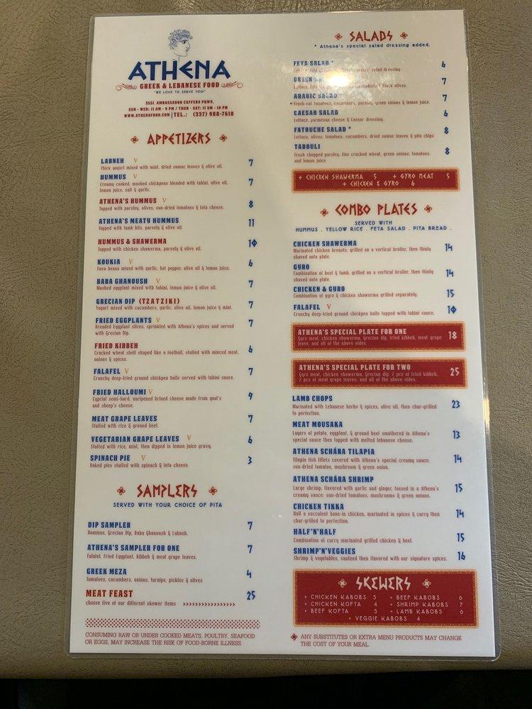 Menu at Athena Greek and Lebanese Food restaurant, Lafayette