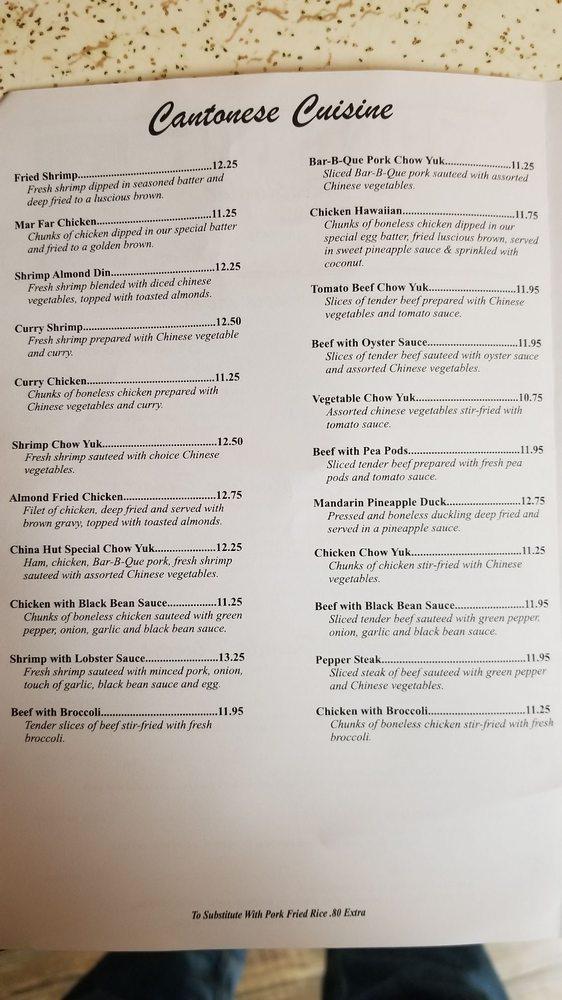 Menu at China Hut restaurant, Crescent City