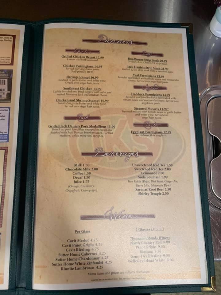 Menu at JK's Roadhouse pub & bar, Alexandria Bay, State Rte 26