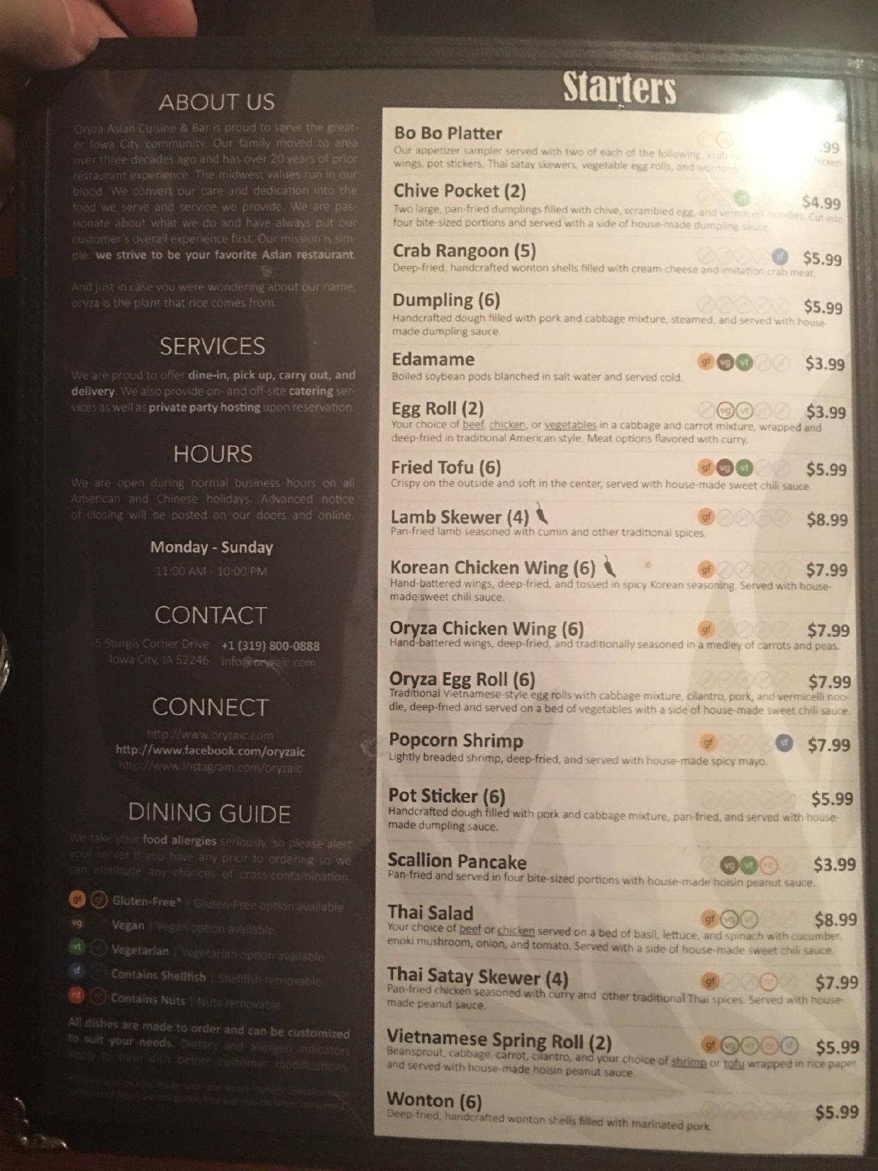 Carta de Oryza Asian Cuisine & Bar, Iowa City