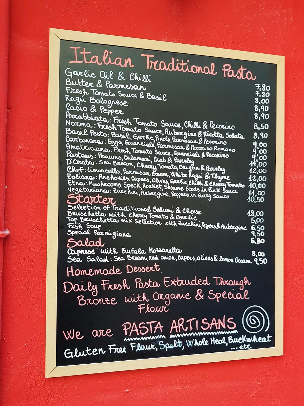 Menu at Pastaus restaurant, Valletta, 123 Old Theatre Street