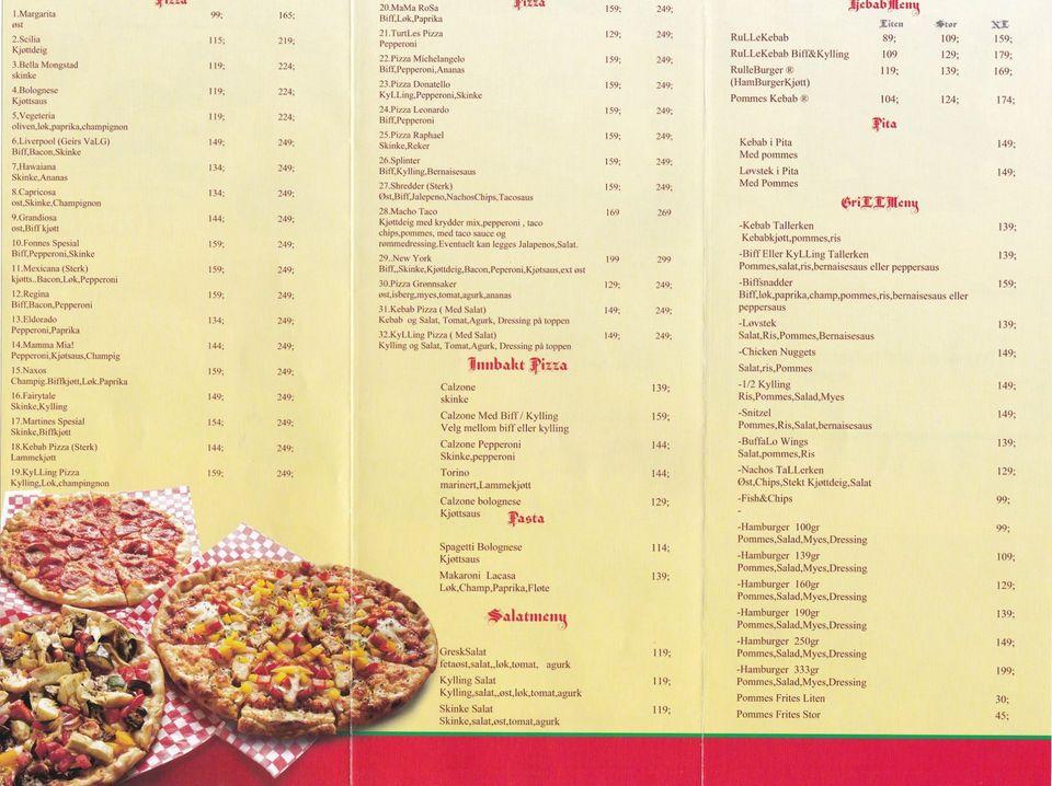 Menu at Pizzeria Fonnes, Fonnes