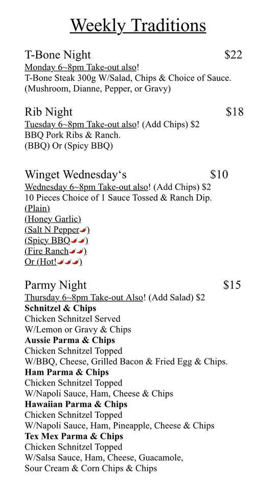 Menu at The Pavilion Tavern pub & bar, Kooralbyn