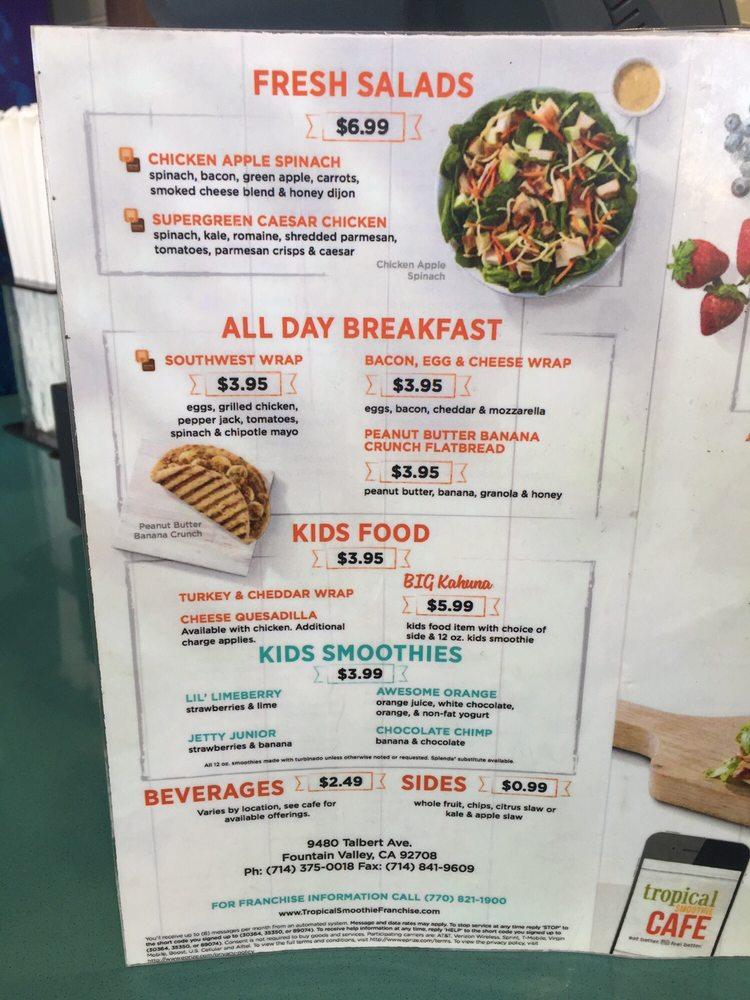 Menu at Tropical Smoothie Cafe, Fountain Valley