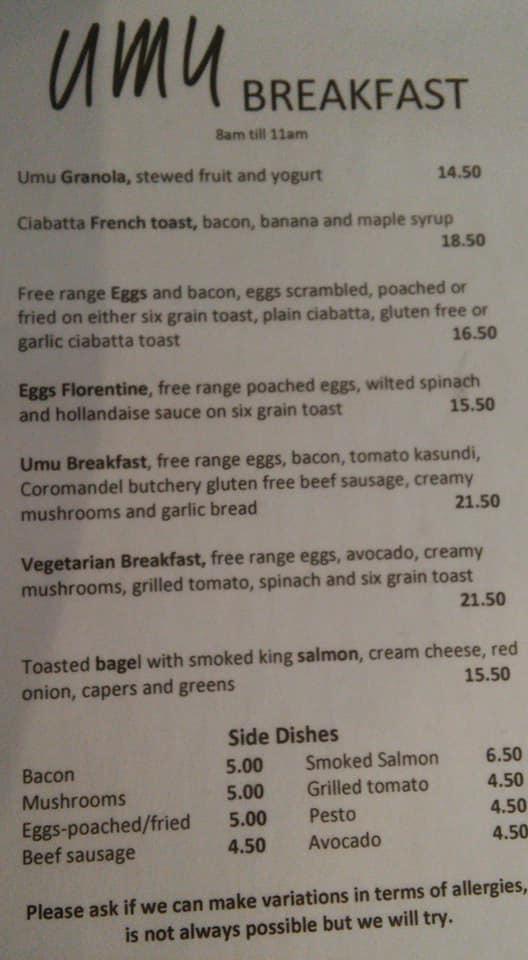 Menu at UMU Restaurant and Cafe, Coromandel