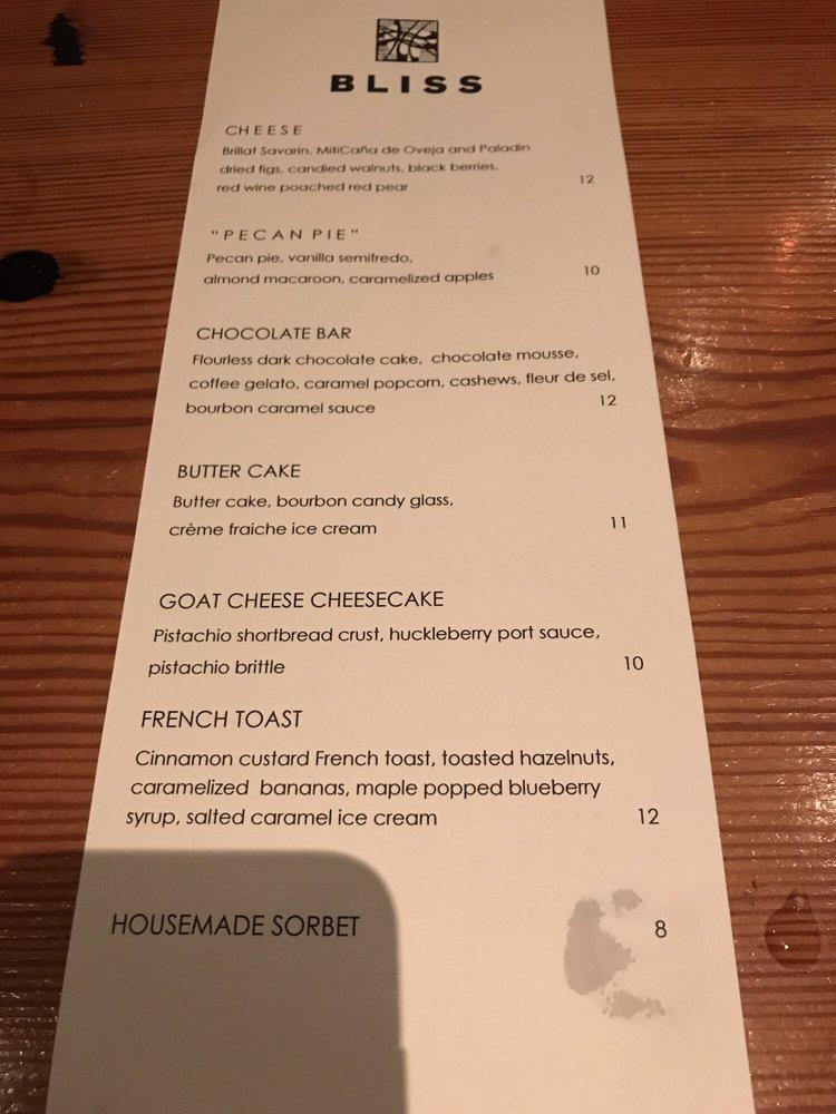 Menu at Bliss restaurant, San Antonio