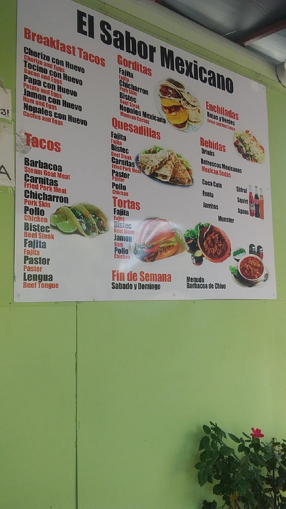 Menu at El Sabor Mexicano restaurant, Austin